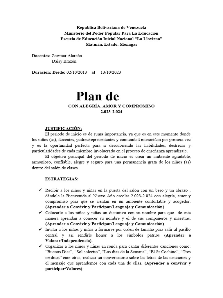 Plan de Inicio | PDF | Educación de la primera infancia | Aprendizaje