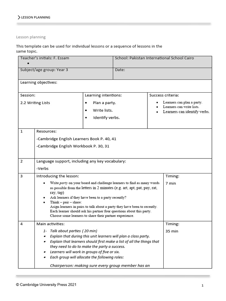 Lesson Plan Lesson 2 Unit 2 Cambridge English Book 3 | PDF | English ...