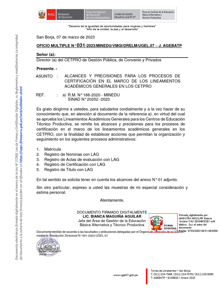OFICIO-MULTIPLE-N°031-2023-ETP-ALCANCES-PARA-LOS-PROCESOS-DE-LAGRR | PDF | Gobierno