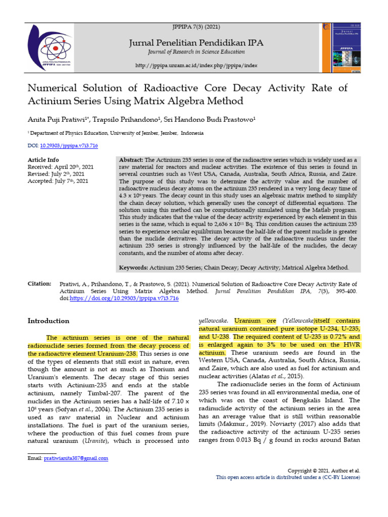 Numerical Solution of Radioactive Core Decay Activity Rate of Actinium ...