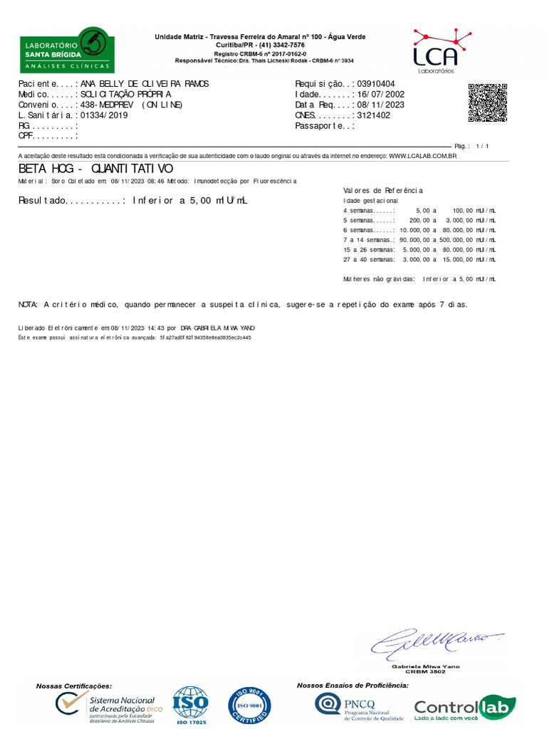 Beta HCG - Quantitativo: Resultado........... : Inferior A 5,00 mIU/mL ...