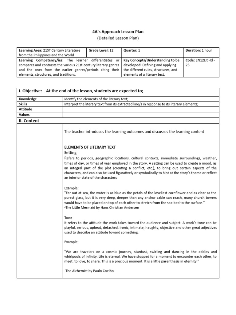 4a's Approach Lesson Plan | PDF | Narration | Learning