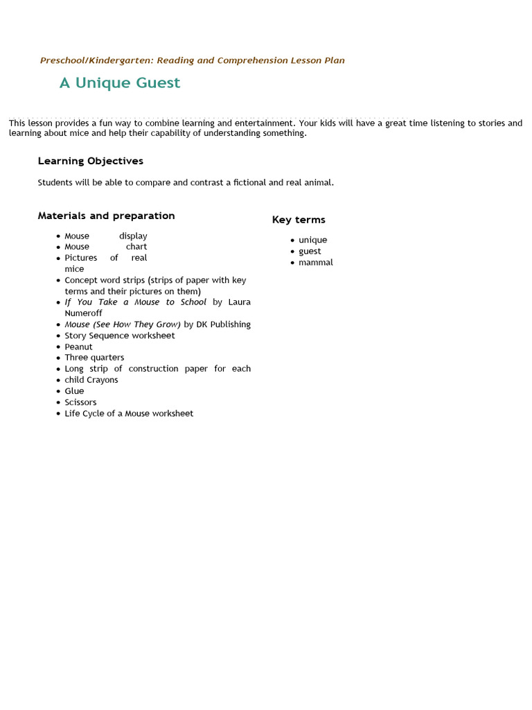 Preschool Mouse Reading Lesson Plan | PDF | Mouse | Mammals