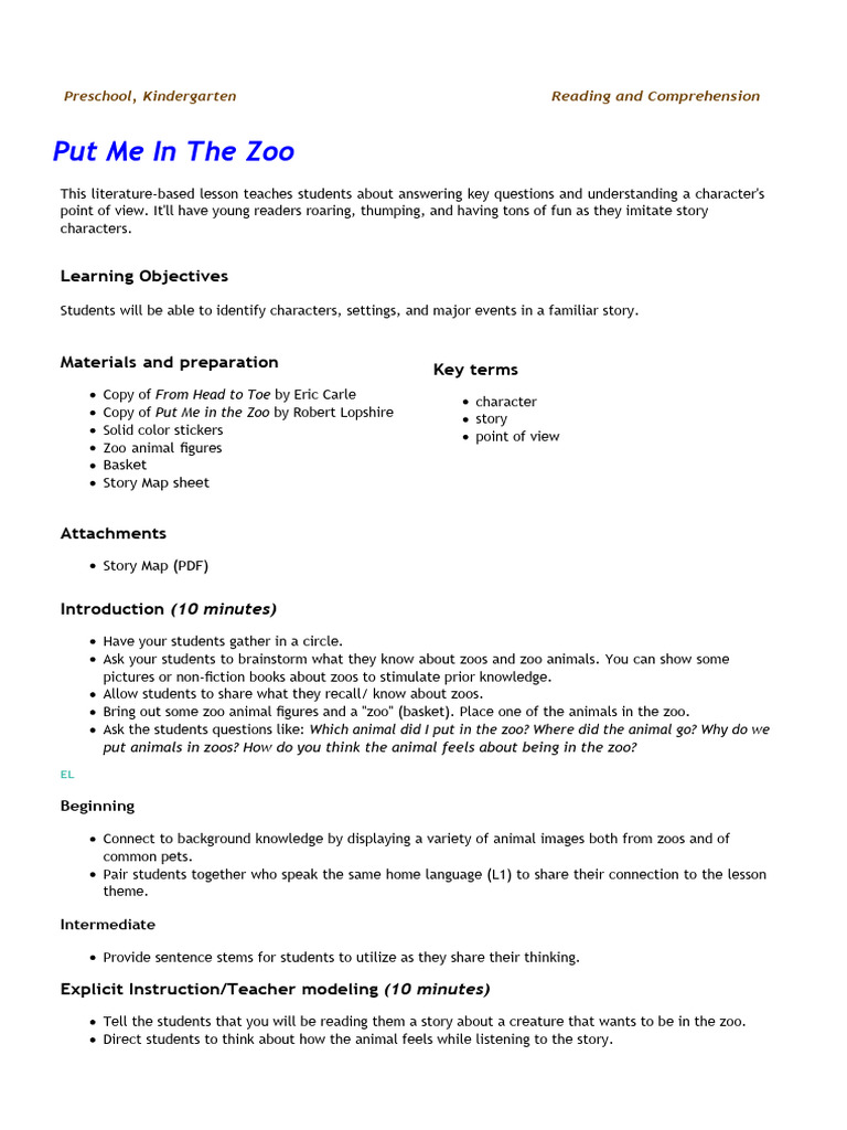 Reading and Comprehension Lesson Plan (Put Me in The Zoo) .Edited | PDF ...