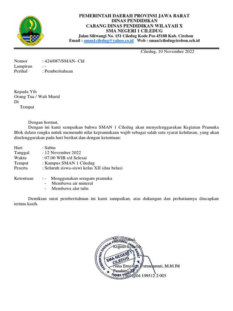 Surat Pemberitahuan Ortu | PDF