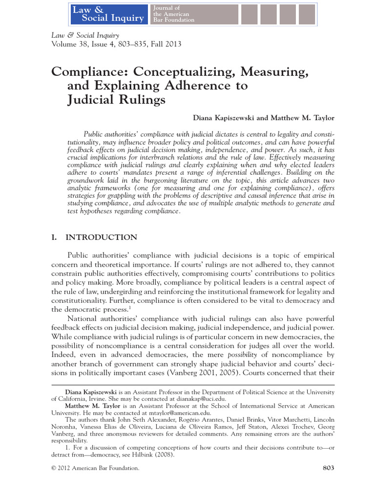 (Kapiszewski Taylor, 2013) Compliance. Conceptualizing, Measuring, and ...