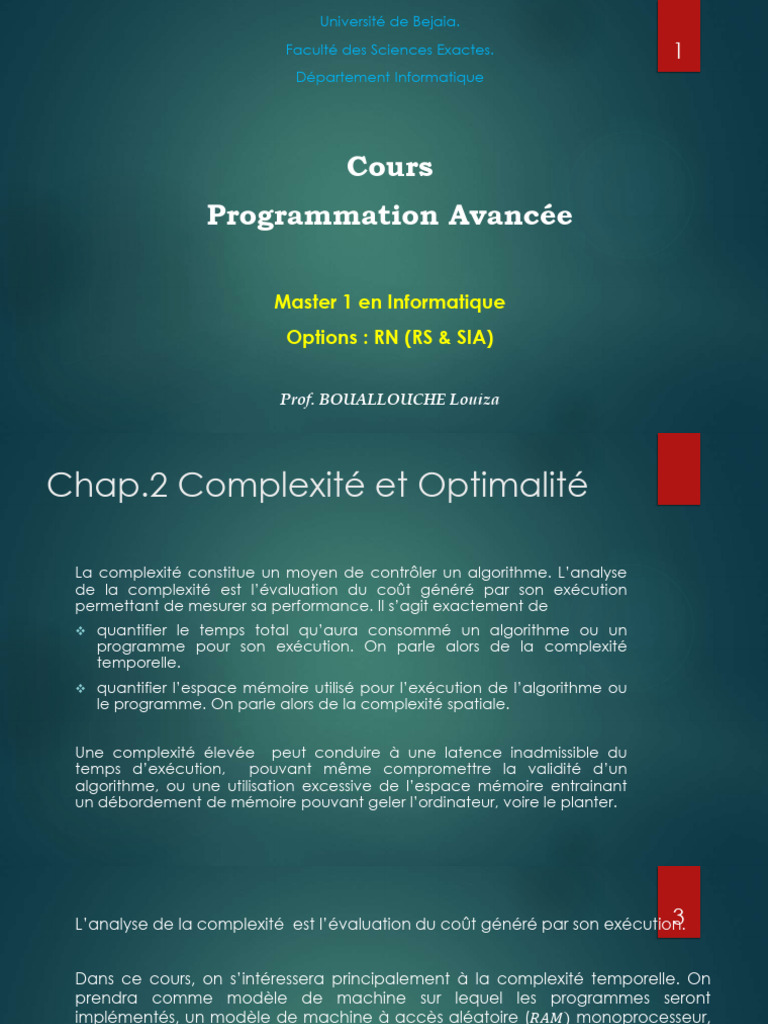 Cours Programmation Avancée Chapitre 2.complexite | PDF | Théorie de la complexité (informatique ...