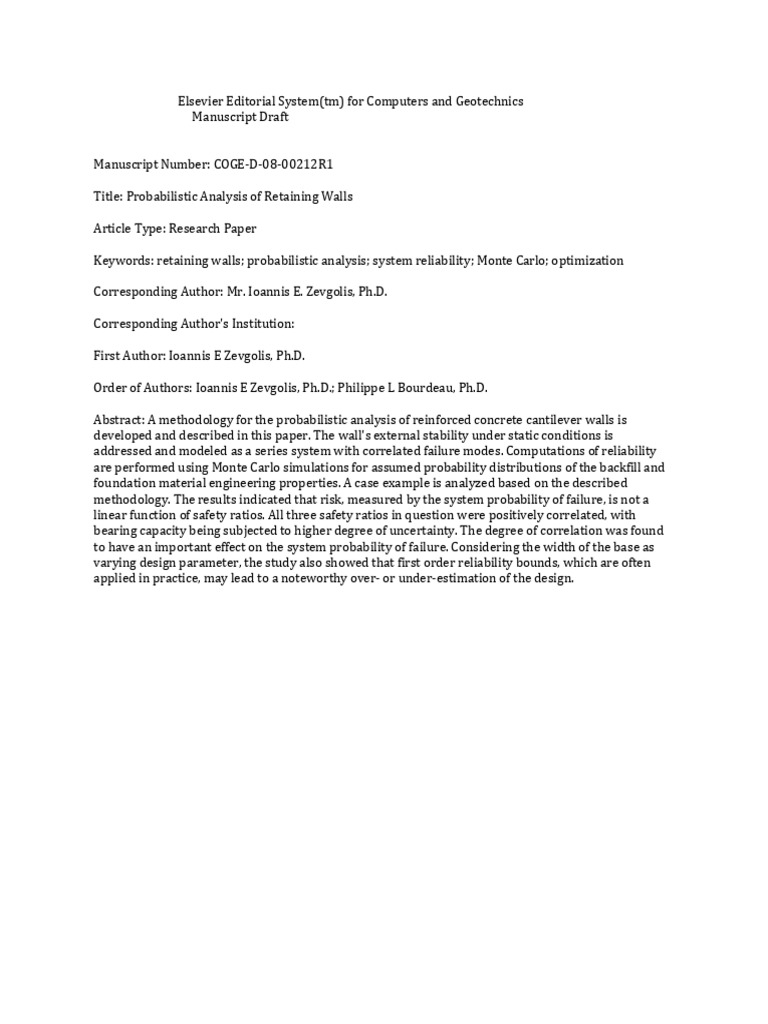 Probabilistic Analysis of Retaining Wall | PDF | Reliability Engineering | Geotechnical Engineering