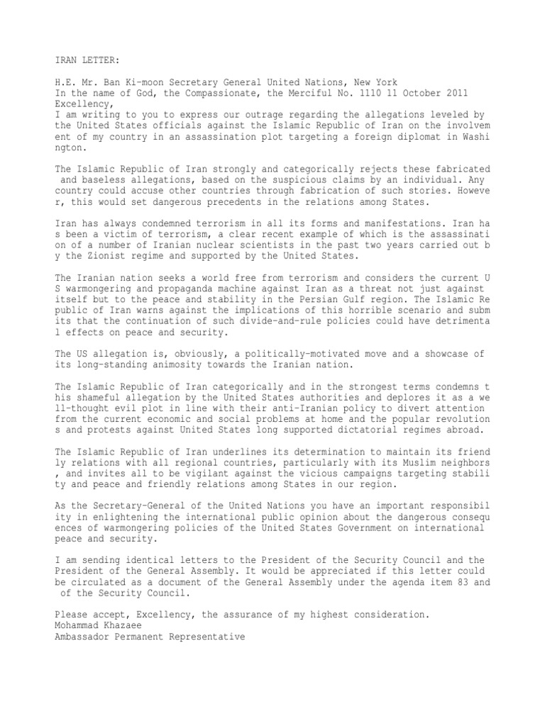 Iran Letter at UN On Alleged Plot | PDF | Iran | Ban Ki Moon