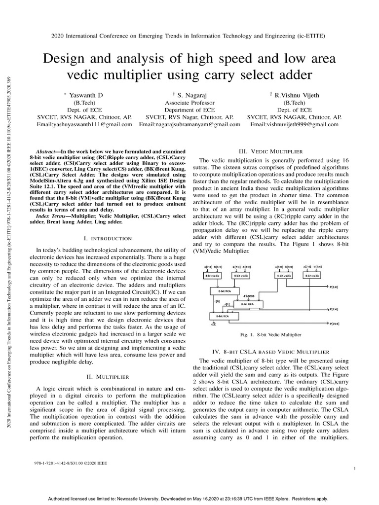 8bitvedic With Different Adders | PDF | Computing | Electronic Engineering