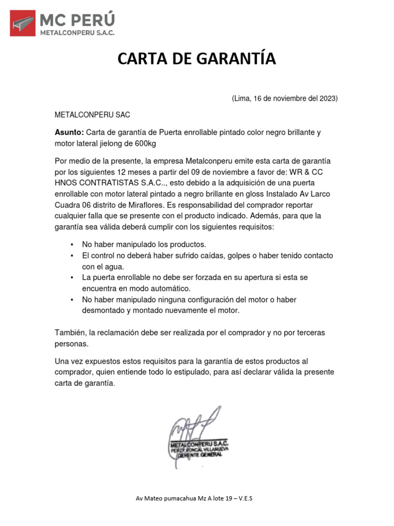 Carta de Garantía de Producto Metalconperu | PDF | Tecnología