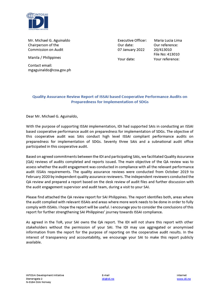 QAR Report of ISSAI Based Coop Perf Audits On Preparedness For Imp of SDGs | PDF | Audit | Risk