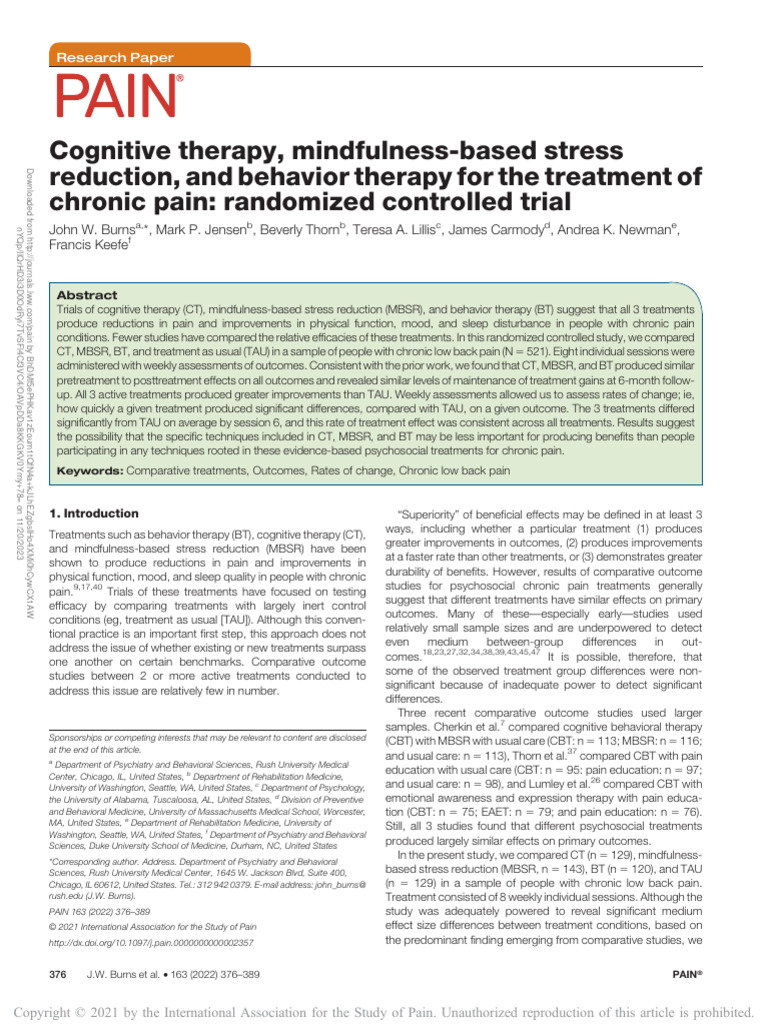 Chronic Pain Therapy Comparison | PDF | Cognitive Behavioral Therapy ...