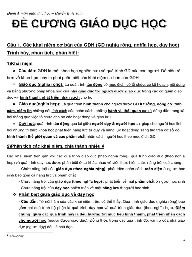 Câu 1. Các khái ni ệm cơ bản của GDH (GD nghĩa rộng, nghĩa hẹp, dạy học) Trình bày, phân tích ...