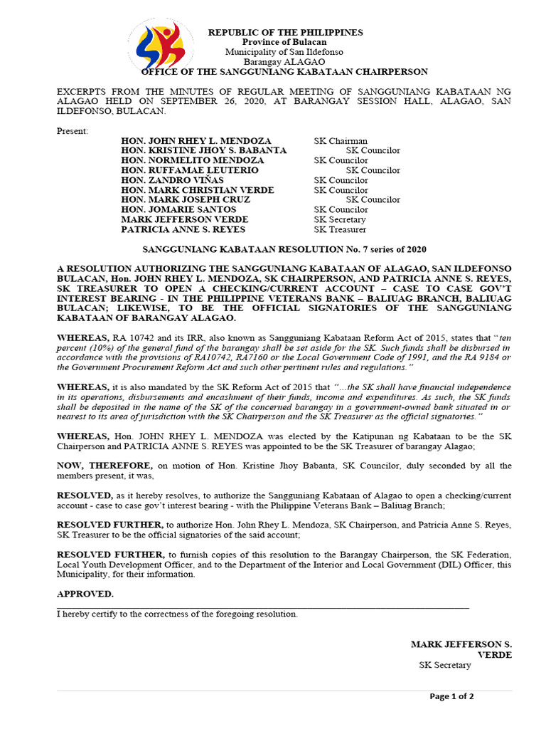 SK Resolution to Open Bank Account | PDF | Philippines | Government