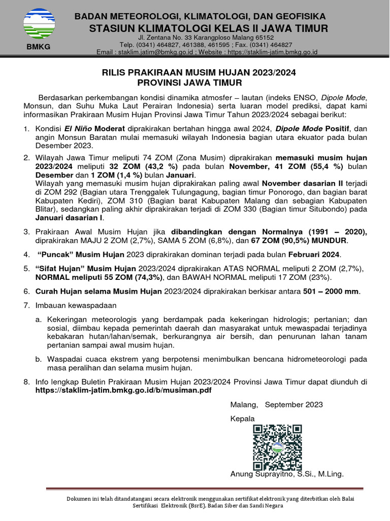 Pers Rilis Prakiraan Musim Hujan 2023-2024 Provinsi Jawa Timur | PDF