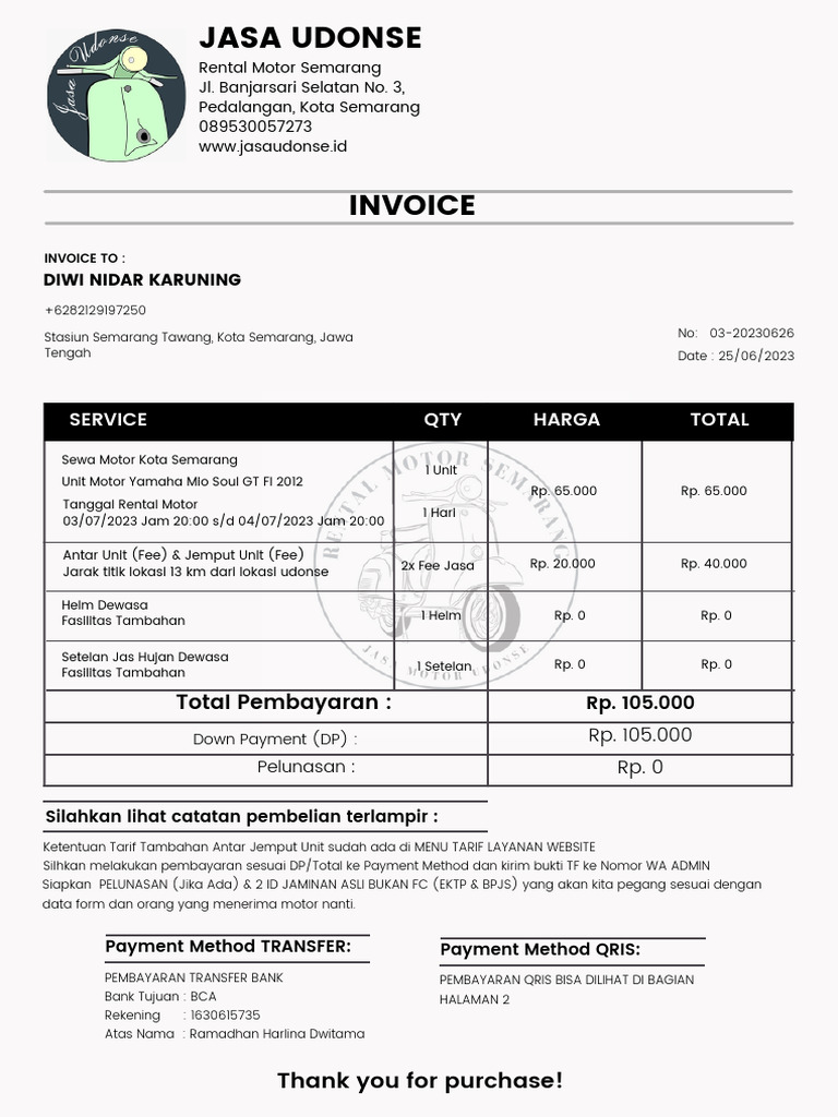 Invoice Rental Motor Diwi Nidar Karuning | PDF