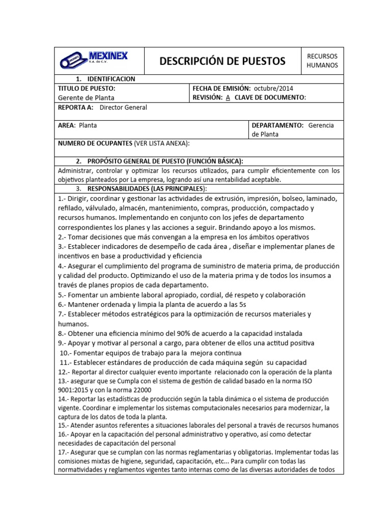 Descripción de Puesto Gerente de Planta | PDF | Business | Gestión de recursos humanos