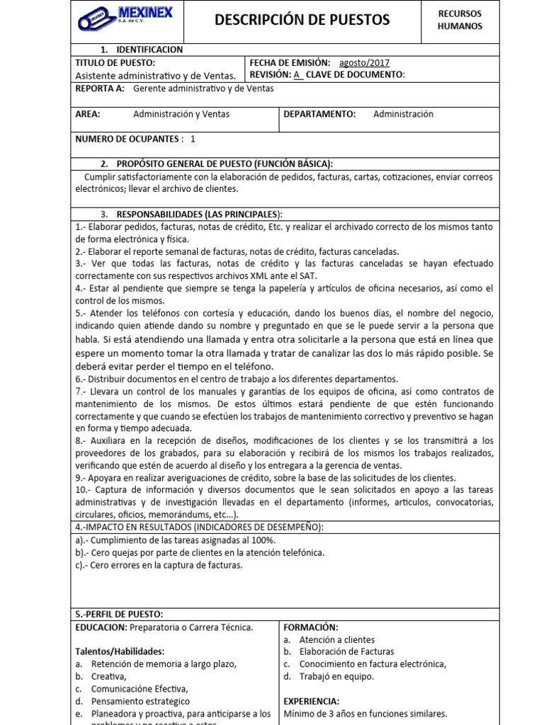 Descripción de Puesto Asistente Administrativo y de Ventas | PDF