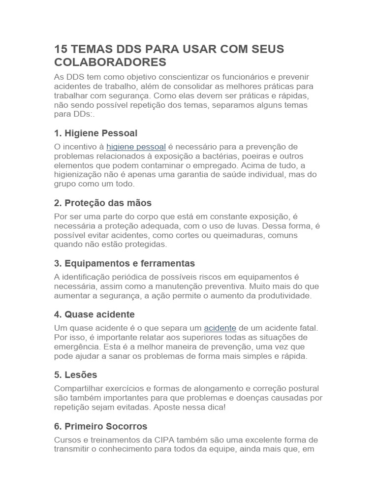15 TEMAS Especiais DDS PARA USAR COM SEUS COLABORADORES | PDF | Saúde mental