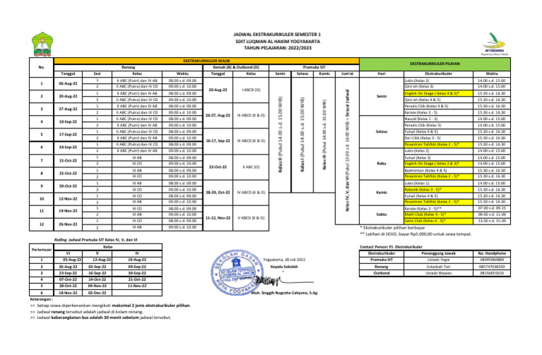 Jadwal Ekstrakurikuler Sem 1 TP. 2022-2023 | PDF