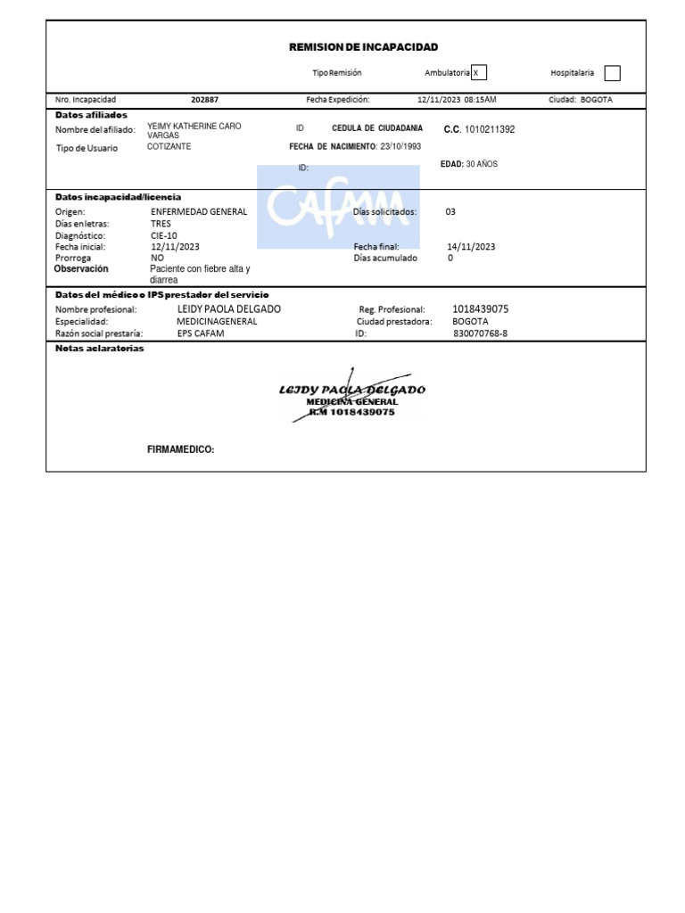 Eps Cafam Yeimy Katherine Caro Vargas - Edited | PDF