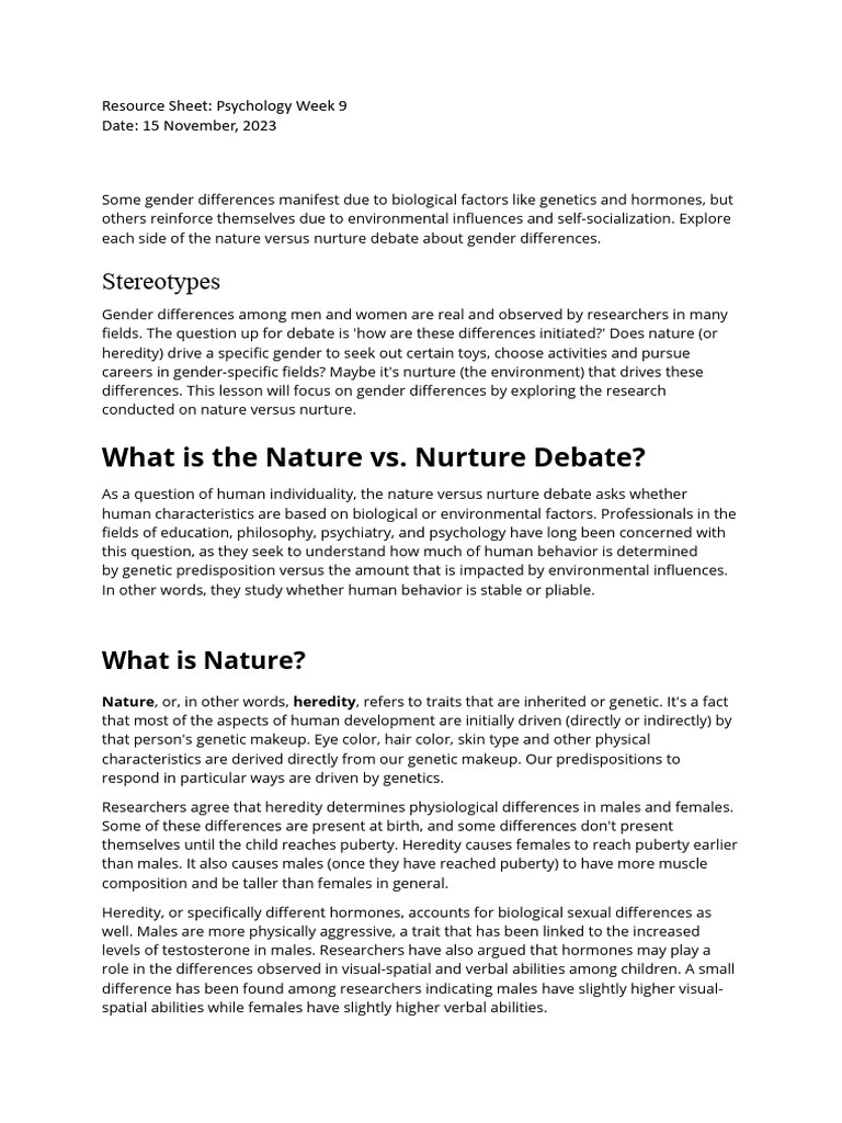 Resource Sheet | PDF | Nature Versus Nurture | Gender Studies