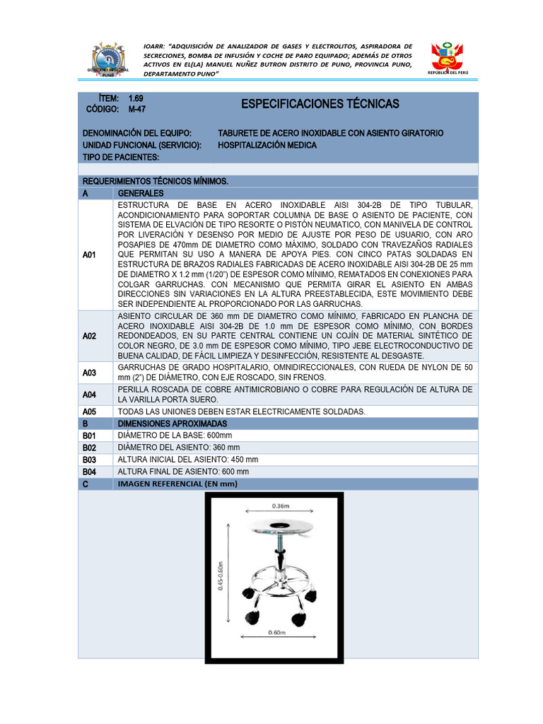 01.69 - M-47 - Taburete de Acero Inoxidable Con Asiento Giratorio | PDF | Acero | Cobre