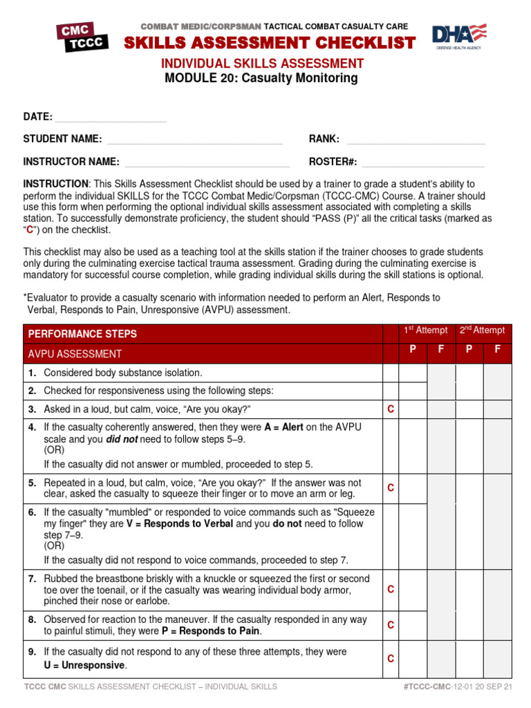 Skills Assessment Checklist: MODULE 20: Casualty Monitoring | PDF ...