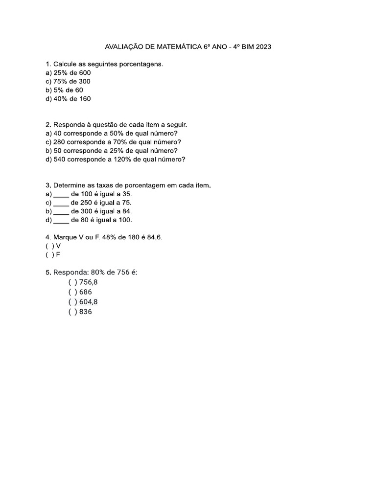 Avaliação De Matematica 6º Ano 4º Bim 2023 Pdf