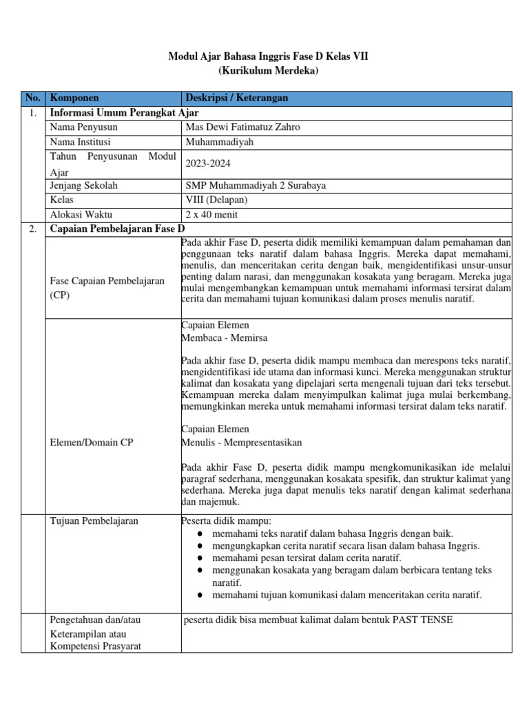 Template Modul Ajar Bahasa Inggris Fase D Kelas VII | PDF