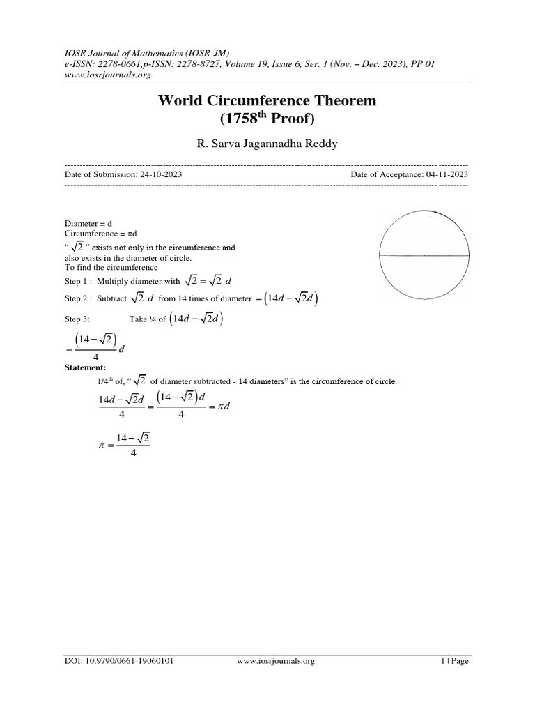 World Circumference Theorem (1758 Proof) : R. Sarva Jagannadha Reddy | PDF