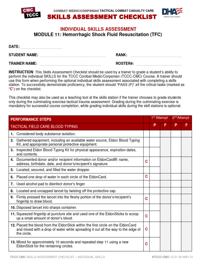 Skills Assessment Checklist: MODULE 11: Hemorrhagic Shock Fluid ...