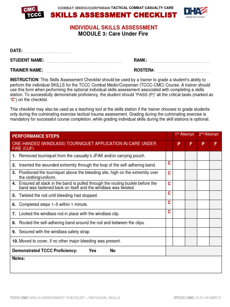 TCCC Combat Medic Skills Checklist | PDF