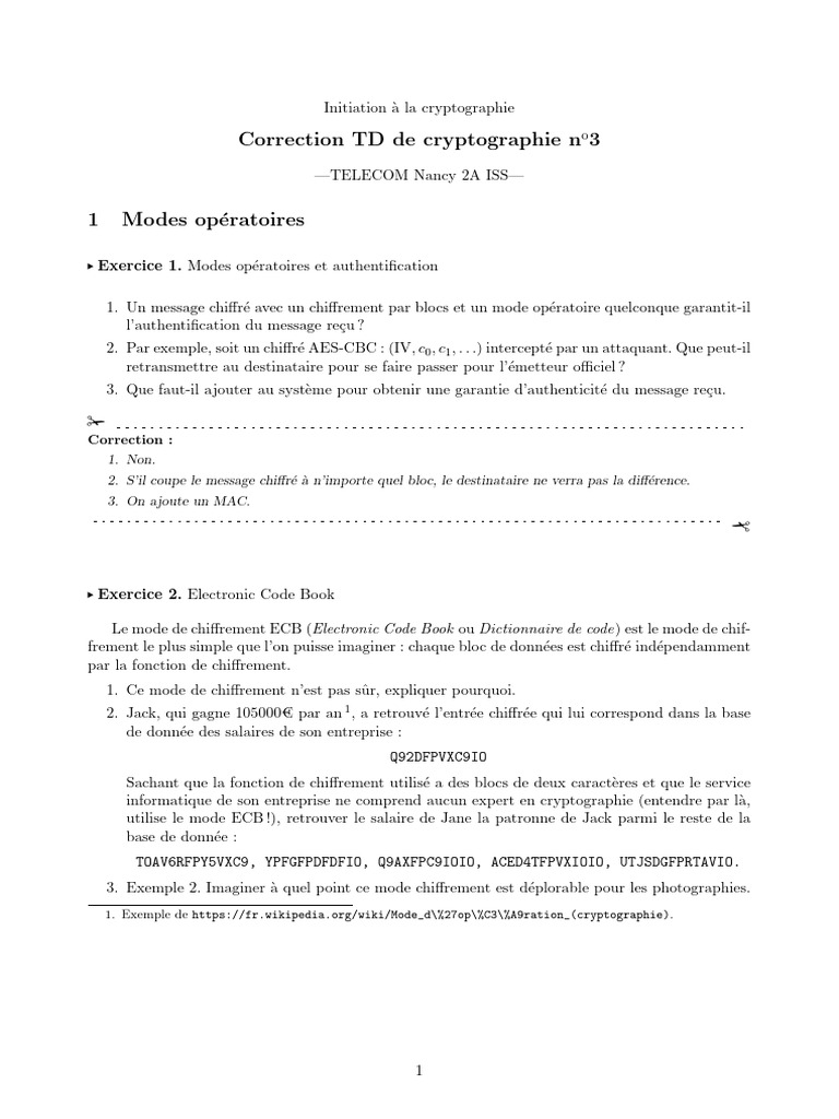Cryptographie: TD et Corrections | PDF | Ingénierie de la sécurité | Secret