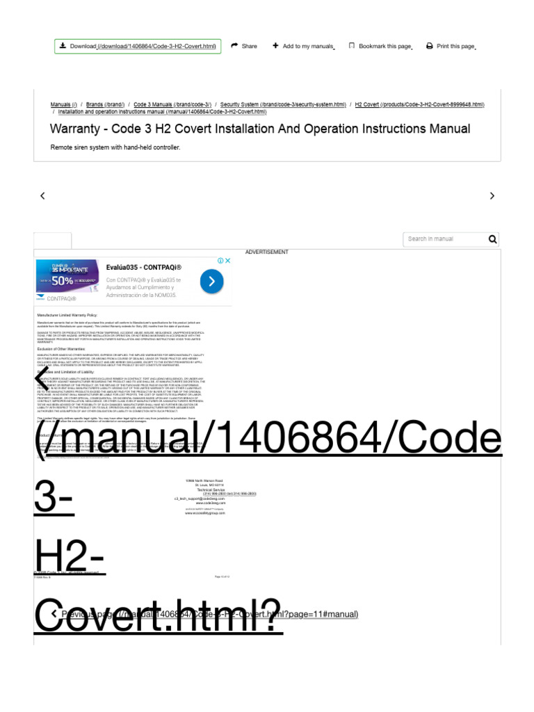 Warranty - Code 3 H2 Covert Installation and Operation Instructions ...