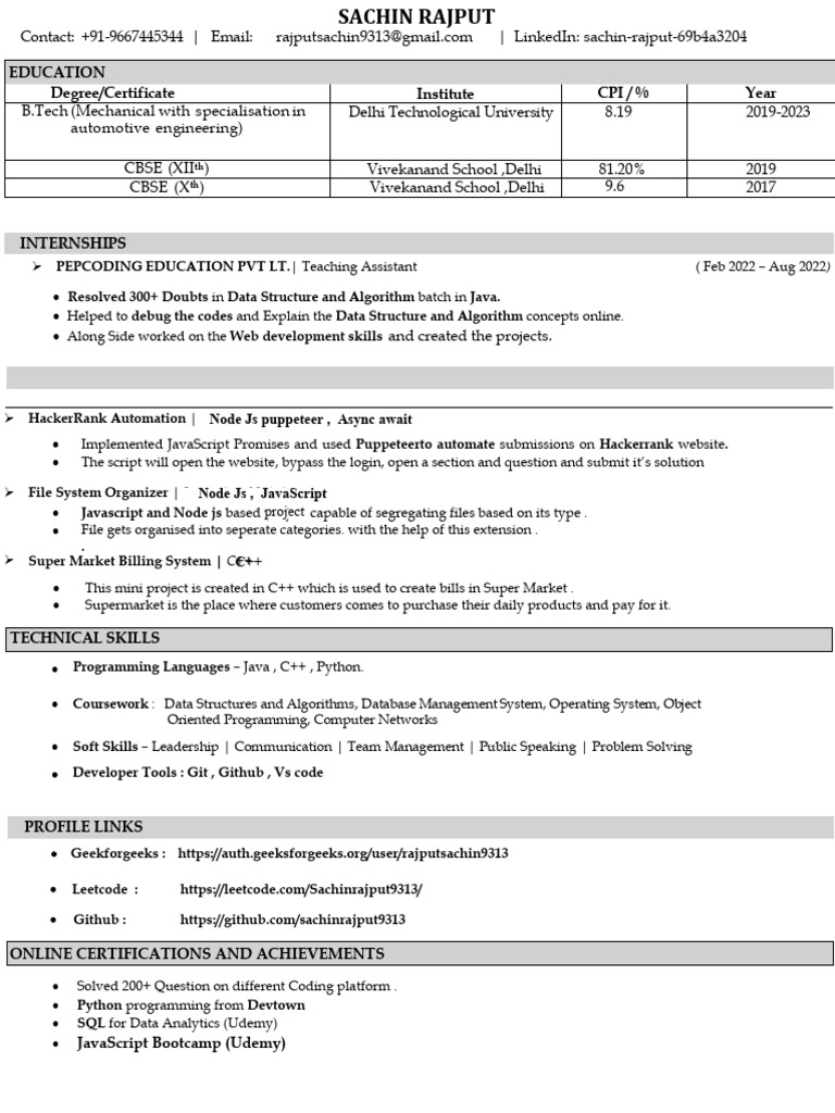 Sachin Rajput Resume1 | Download Free PDF | Java Script | Computer Programming