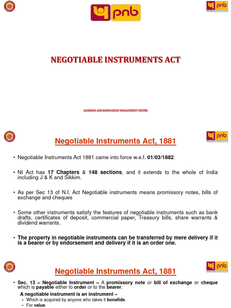 Negotiable Instruments Act: Learning and Knowledge Management Centre | PDF | Negotiable ...