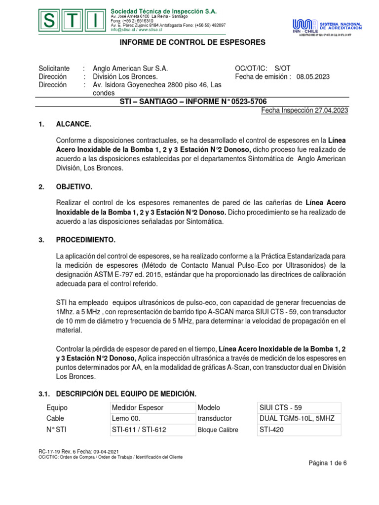 0523-5706 Informe Med. Esp. Linea Acero Inox. Bomba 1, 2 y 3 Estac. 2 Donoso LB 06-05-2023 | PDF ...