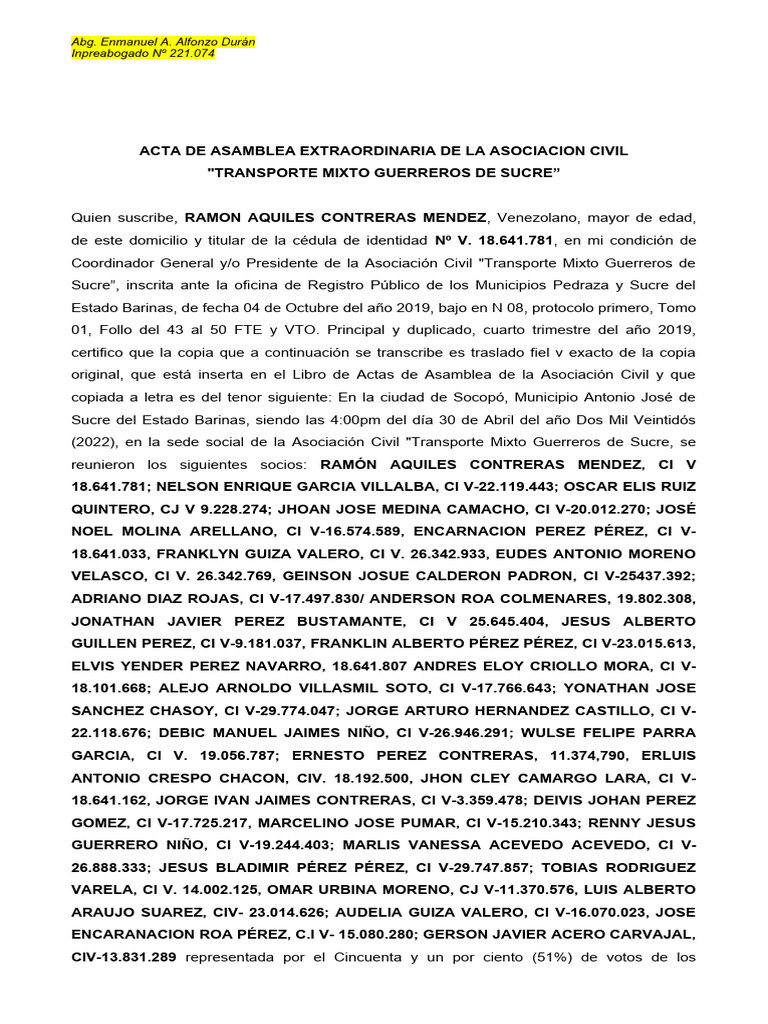 Acta de Asamblea Extraordinaria de La Asociacion Civil | PDF