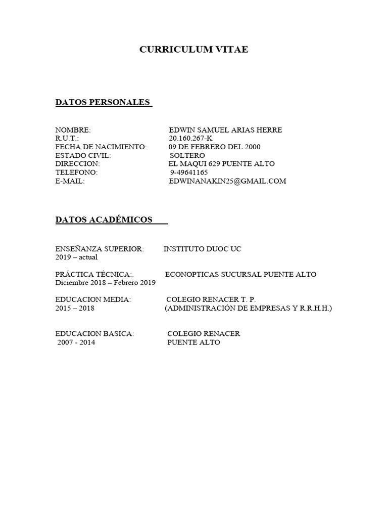 Edwin Arias: CV y Formación en Puente Alto | PDF