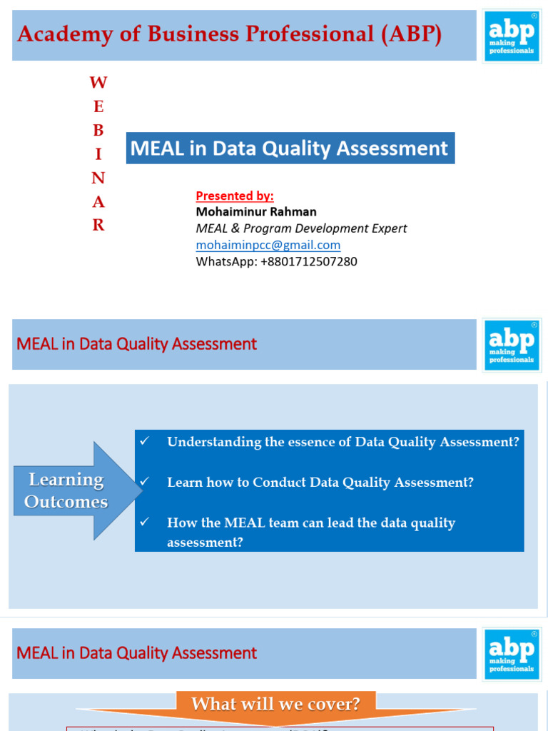 Webinar On MEAL in Project Data Quality Assurance (DQA) | PDF | Data Quality | Quality Assurance