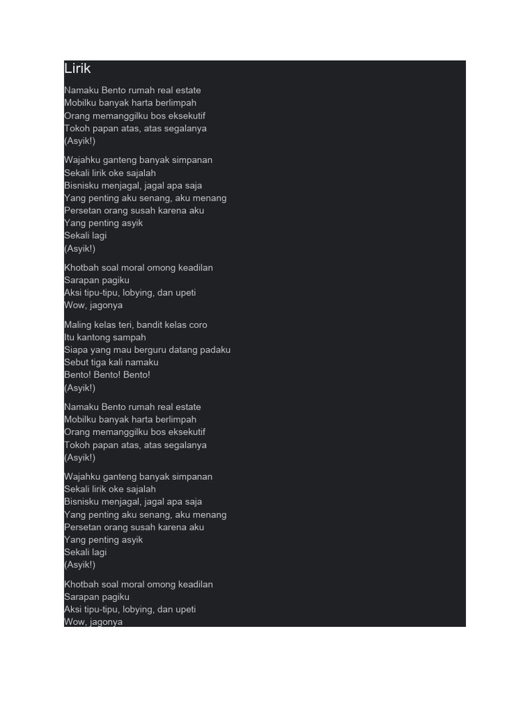 Lirik Lagu Bento | PDF | Memasak, Makanan, & Anggur | Seni & Disiplin ...