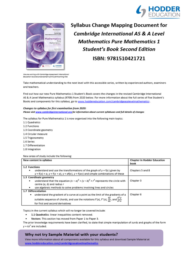 AL Maths Pure 1 Syllabus Map Approved | Download Free PDF | Derivative ...