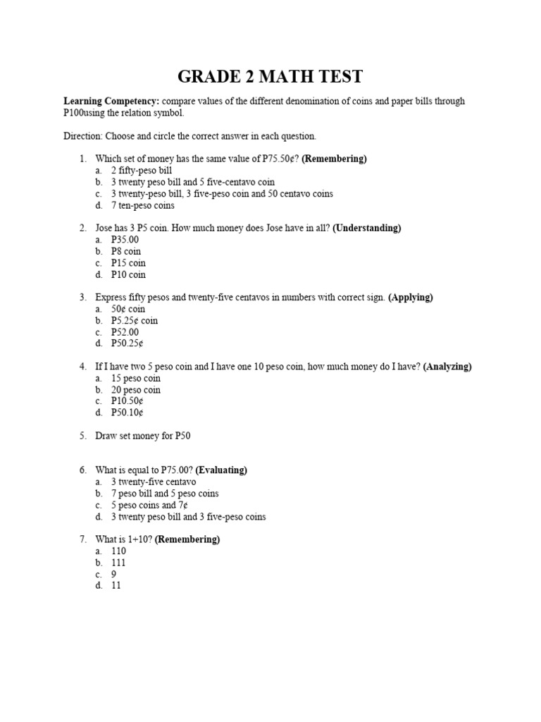 Grade 2 Math Test | PDF