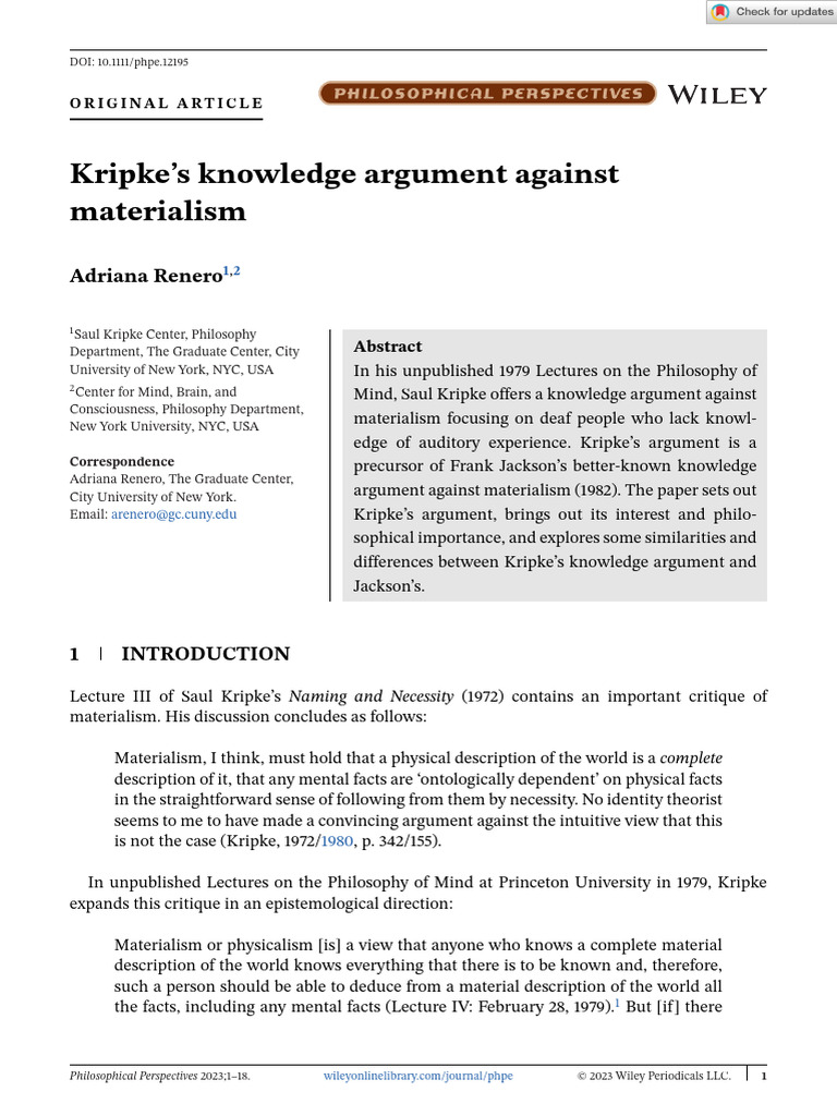 Philosophical Perspectives - 2023 - Renero - Kripke S Knowledge Argument Against Materialism ...