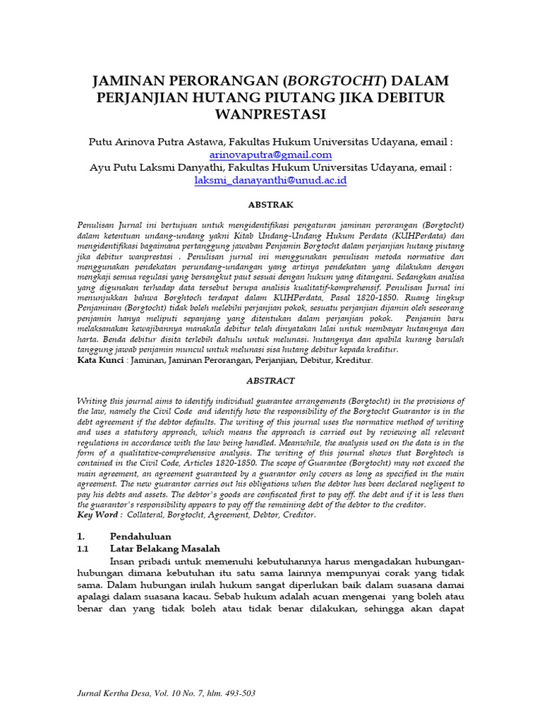 Jaminan Perorangan (Borgtocht) Dalam Perjanjian Hutang Piutang Jika Debitur Wanprestasi | PDF