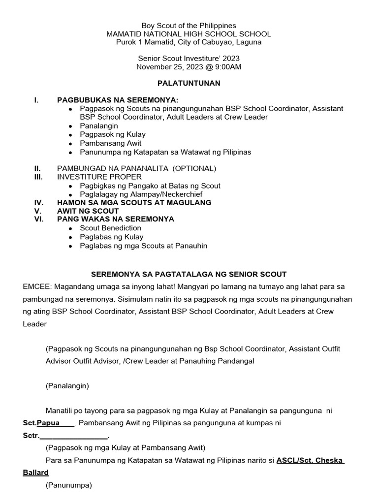 Seremonya Sa Pagtatalaga Senior Iskawt Script | PDF