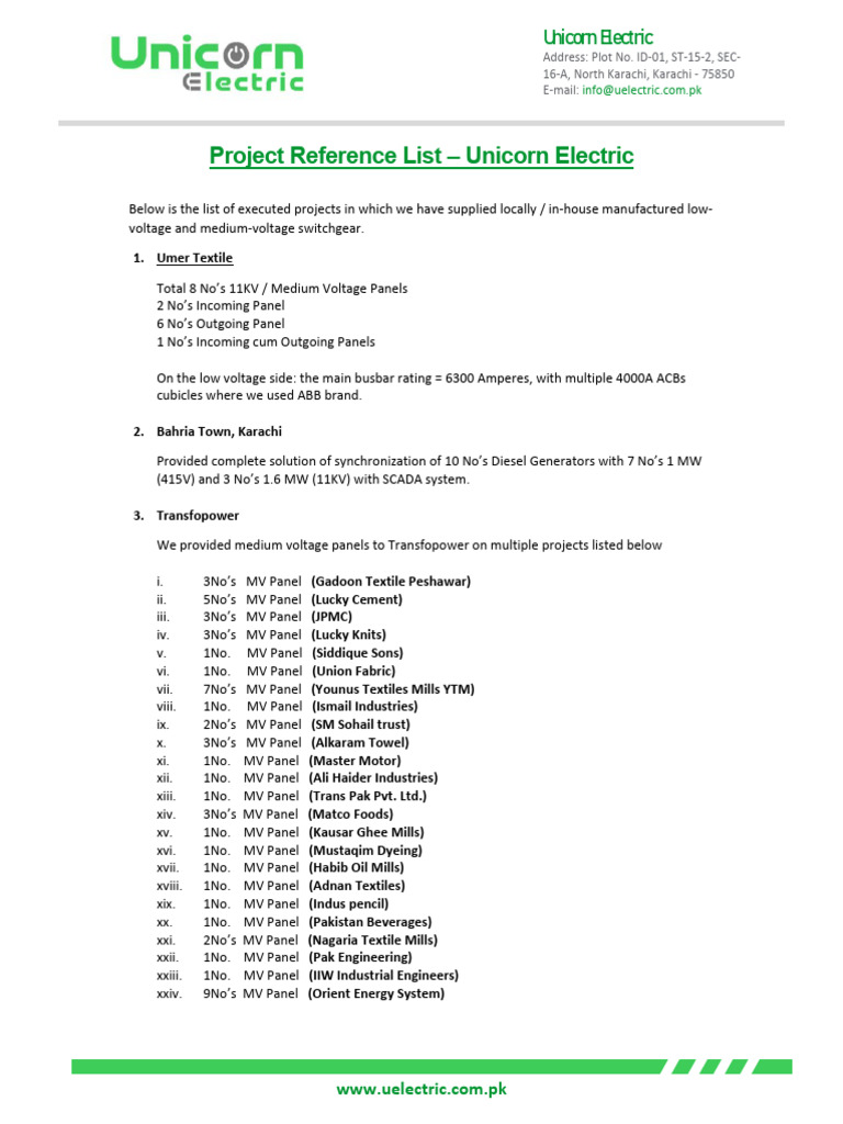 Project Reference List (Unicorn Electric) | PDF | Electrical ...