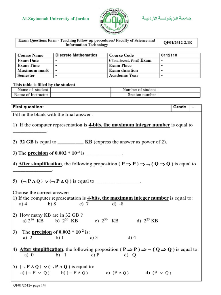 نموذج أسئلة للوحدة الاولى والثانية | PDF | Mathematical Logic | Logic